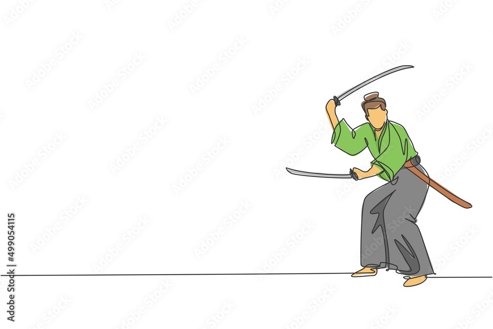 One single line drawing of young Japanese samurai warrior holding ...
