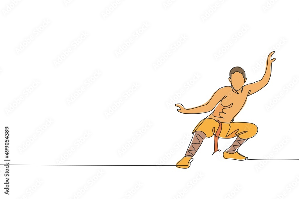 One continuous line drawing of young shaolin monk man practice kung fu ...