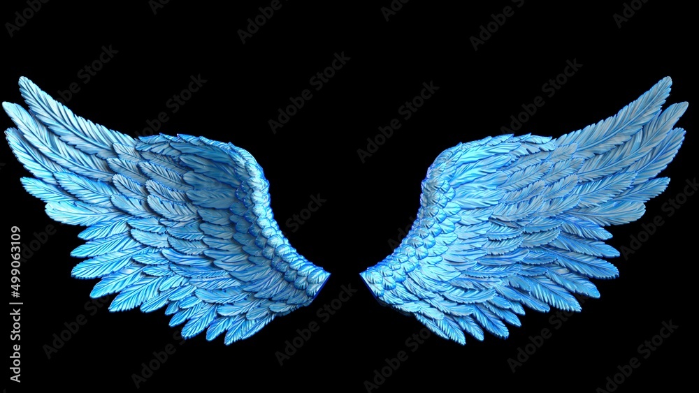 Blue and white gradient patterned wings under black lighting background ...