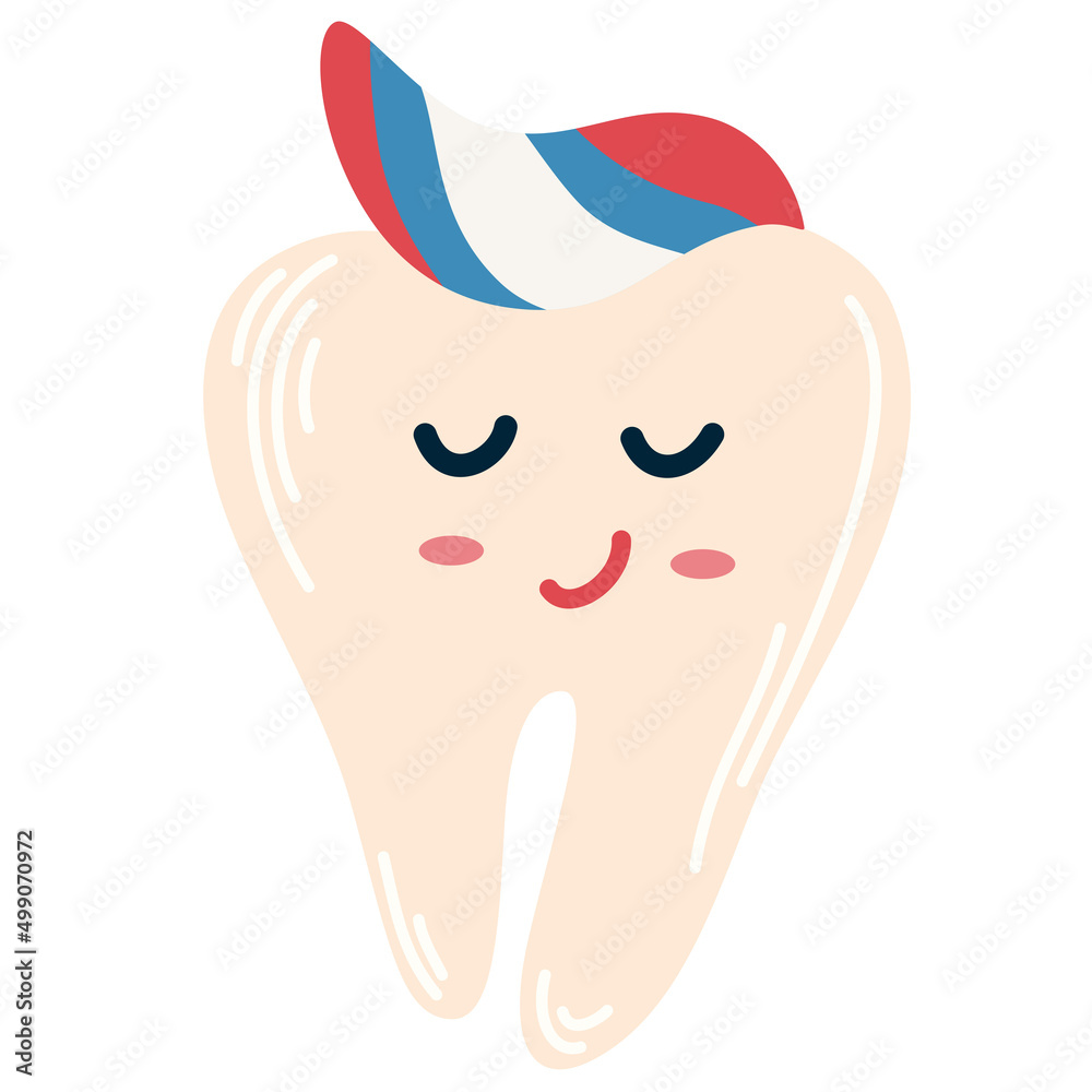 Tooth with paste. Clean happy cartoon tooth. Dental care. For children ...