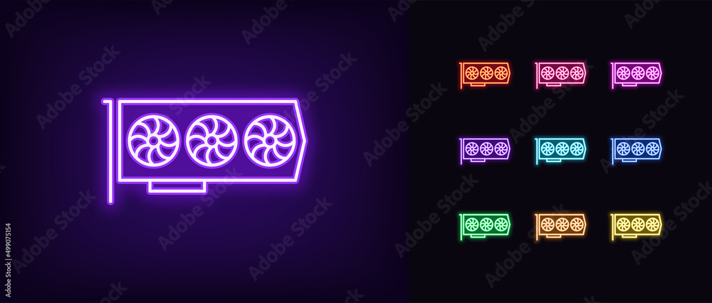 Outline neon graphic card icon. Glowing neon Gaming video card, GPU ...