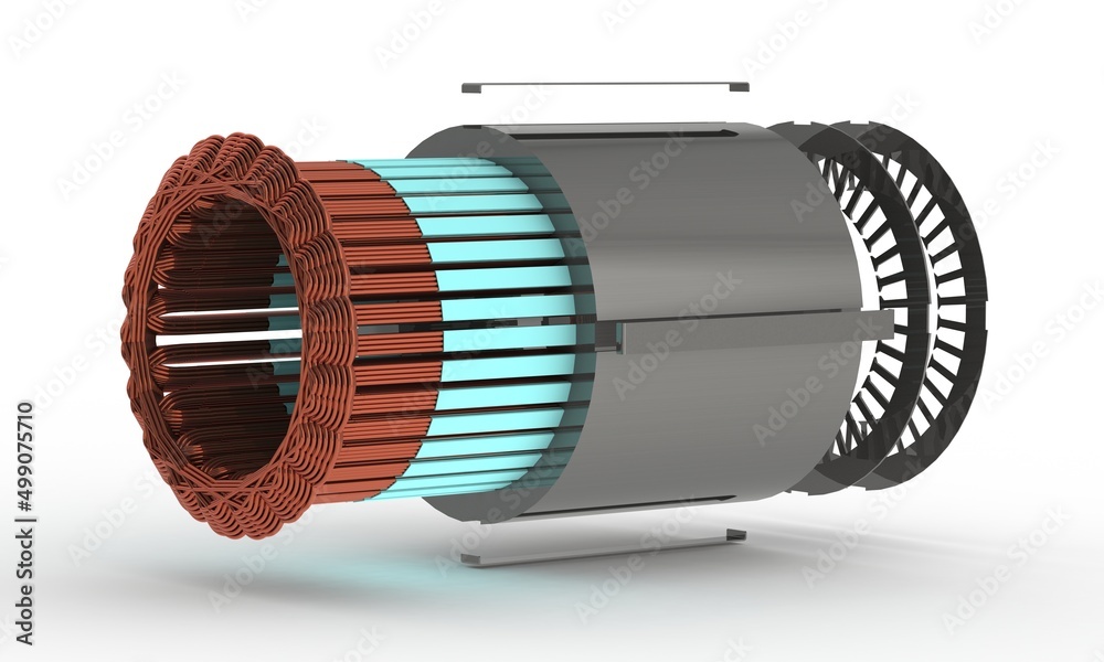 Winding stator for electric motor, exploded view,3D rendering isolated ...