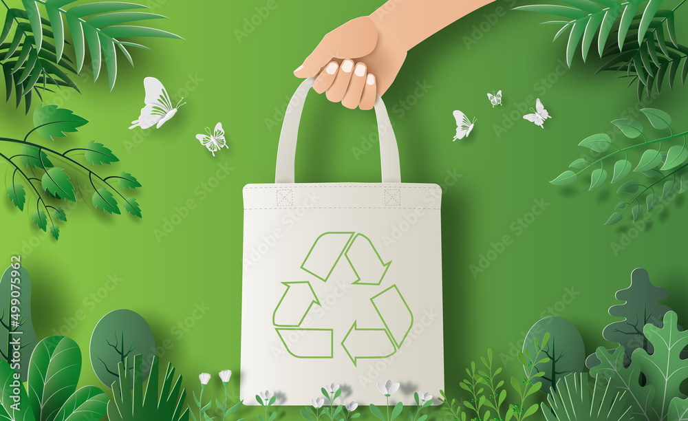 Recycle banner design, hand holding eco bag, save the planet and energy ...