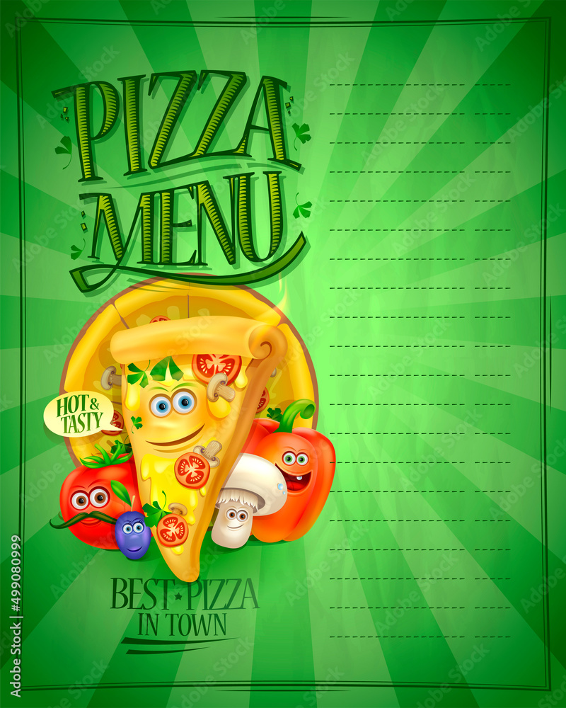 Pizza menu list with cartoon personages of pizza slice and vegetables ...
