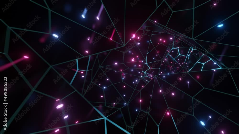Plexus flying digital data tunnel made of path and particles. 3d technology network background ...