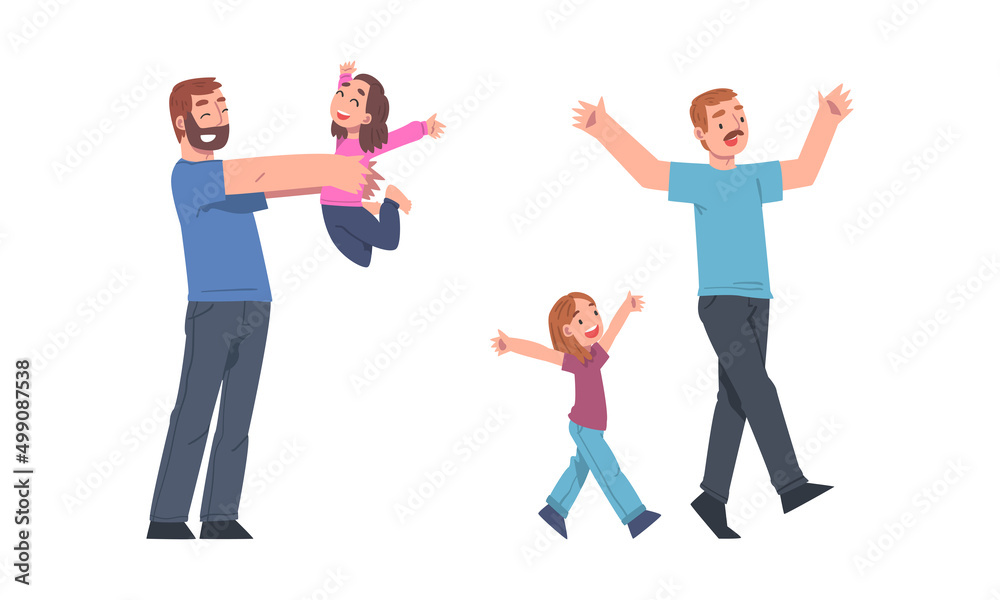 Dads having good time with their kids set. Father and daughter having ...