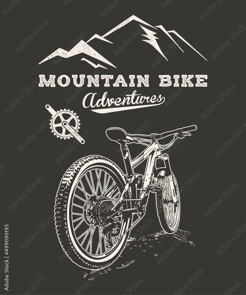 Mountain bike adventure vector line art illustration on a black ...