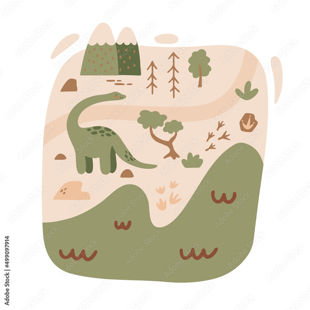 Kids map with cute dinosaurs, tropical palm, mountains. Vector maze ...