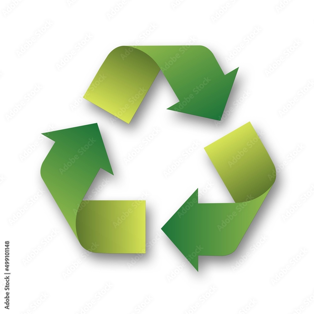 Recycling Symbol - three folded green arrows that form a triangle isolated on white background ...