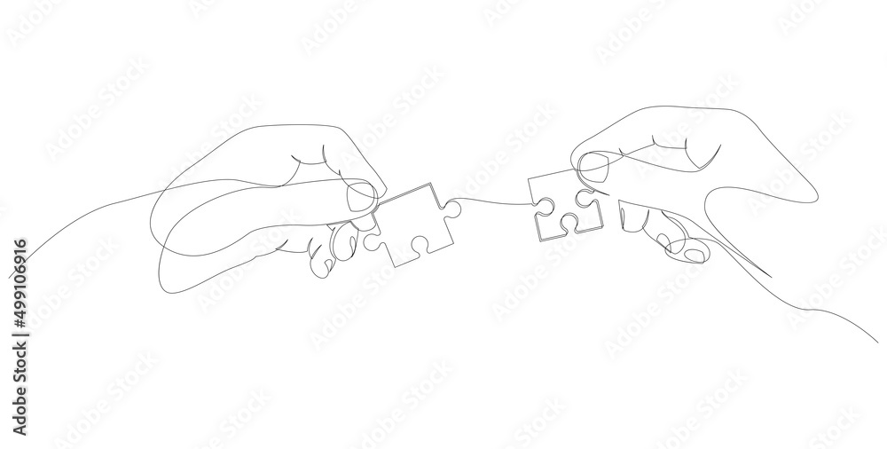 Continuous line drawing of hands solving jigsaw puzzle. Teamwork ...