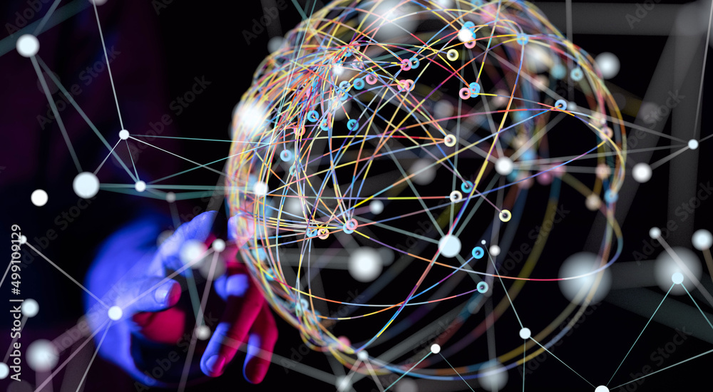 Global network. Blockchain. 3D illustration. Neural networks and artificial intelligence ...