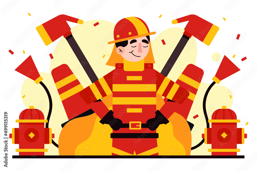 DAY OF THE SMILING FIREFIGHTER WITH UNIFORM AND BACKGROUND OF FIRE ...
