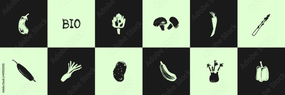 Vector vegetable icon set for organic food label, healthy eat packaging ...