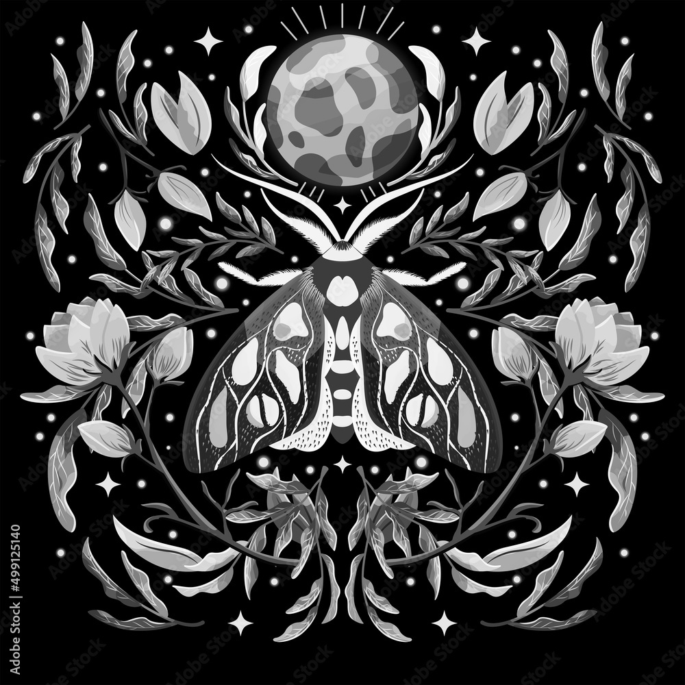 Moth and floral motifs, pattern design in symmetry. Monochrome black ...