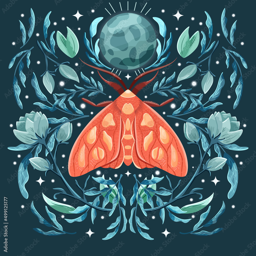 Moth and floral motifs, pattern design in symmetry. Colorful flat ...