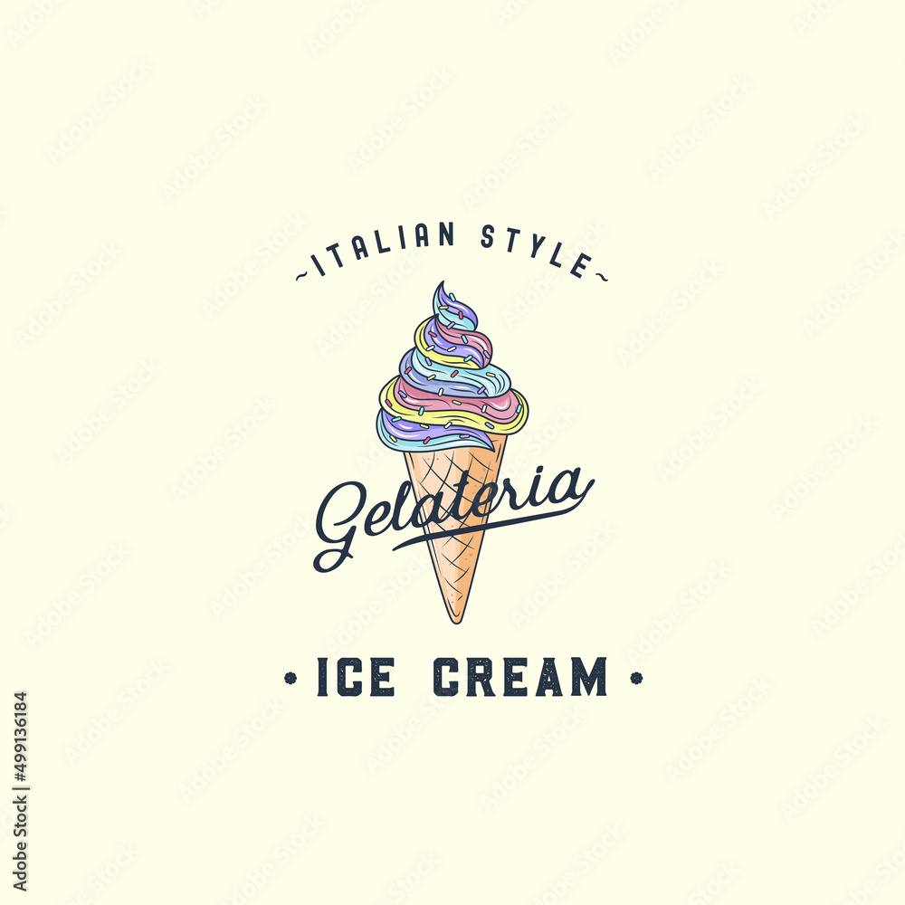 Logo Ice cream. Italian ice cream emblem. Ice cream in a waffle cone ...