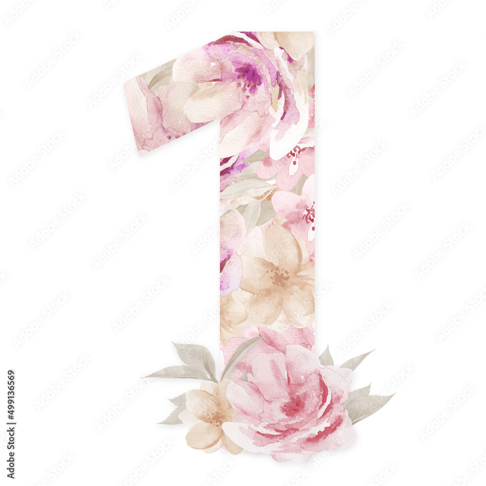 Flower Number 1 Watercolor Alphabet Design. Watercolour Floral number ...