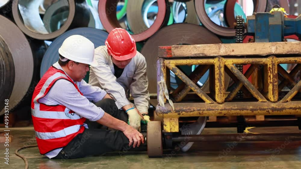 First Aid. Engineering supervisor talking on walkie talkie ...