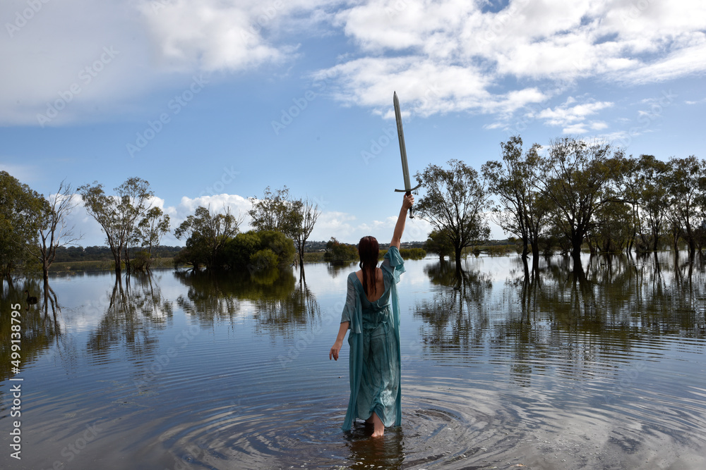 Portrait of beautiful girl wearing flowing fantasy gown in a magical ...