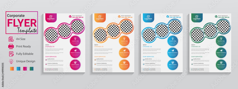 Simple 4 colors flyer design set for publication marketing advertising ...