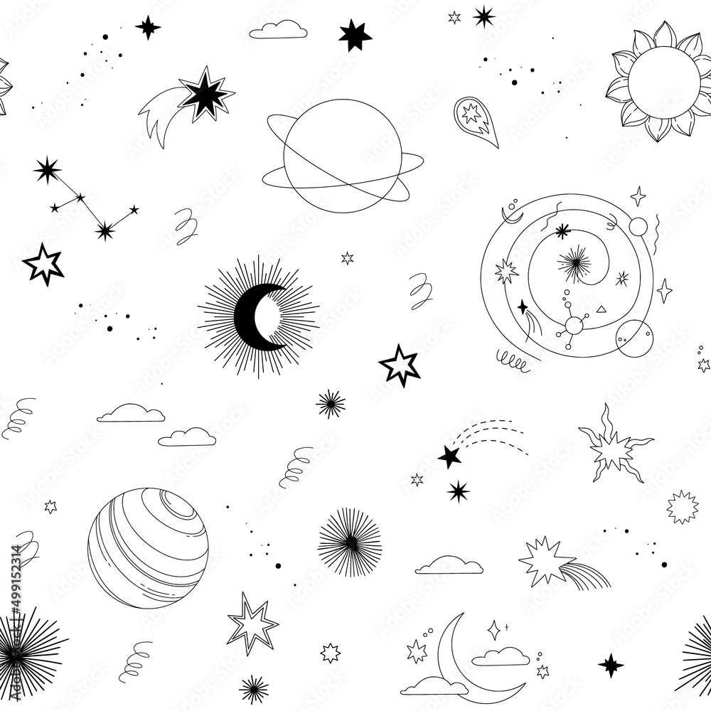 Modern hand drawn vector seamless pattern - cosmos and planets, stars ...