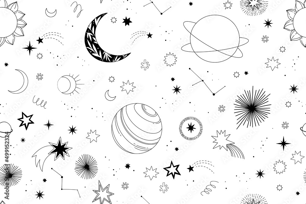 Modern hand drawn vector seamless pattern - cosmos and planets, stars ...