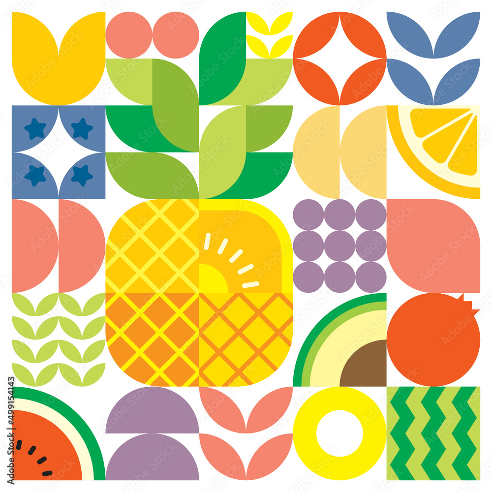 Geometric summer fresh fruit cut artwork poster with colorful simple ...