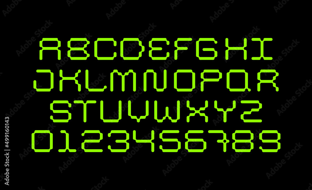 Low pixel font. Modern latin alphabet. Uppercase, letters and numbers ...