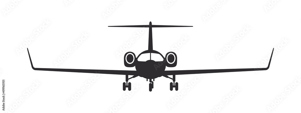 Plane. Modern private jet. Airplane silhouette front view. Vector image ...