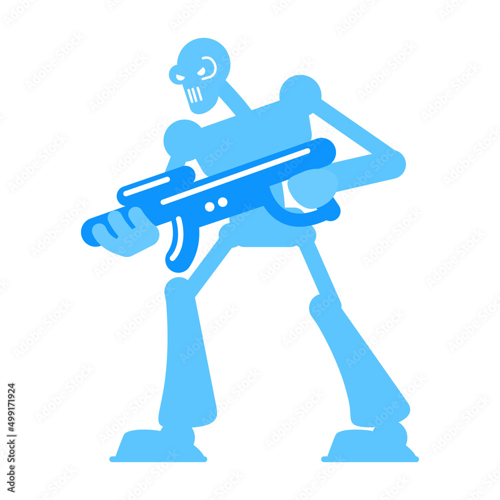 Angry cyborg with firearm semi flat color vector character. Standing ...
