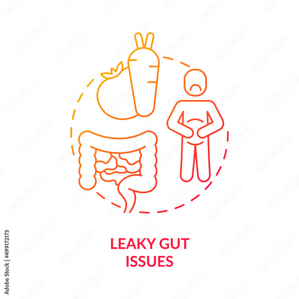 Leaky gut issues red gradient concept icon. Bloating and cramps problem ...
