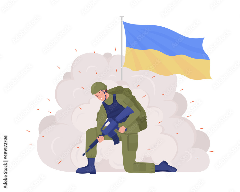 Ukraine armed forces 2D vector isolated illustration. Army soldier with ...