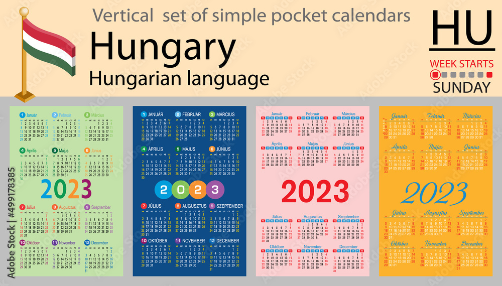 Vetor de Hungarian vertical pocket calendar for 2023. Week starts ...