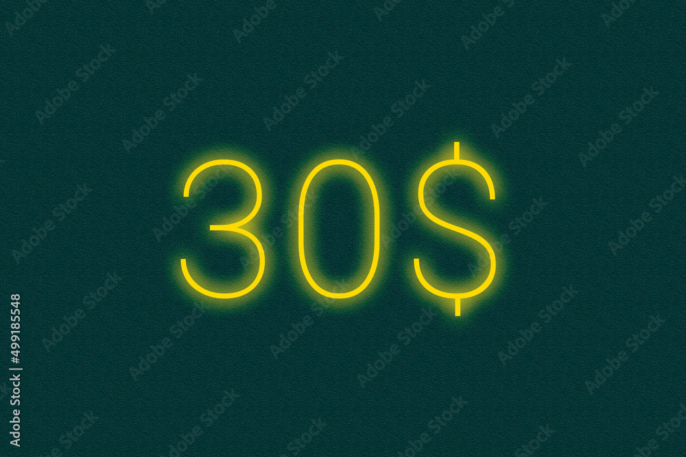 30$ dollar logo. thirty dollar neon sign. Number thirty on green ...