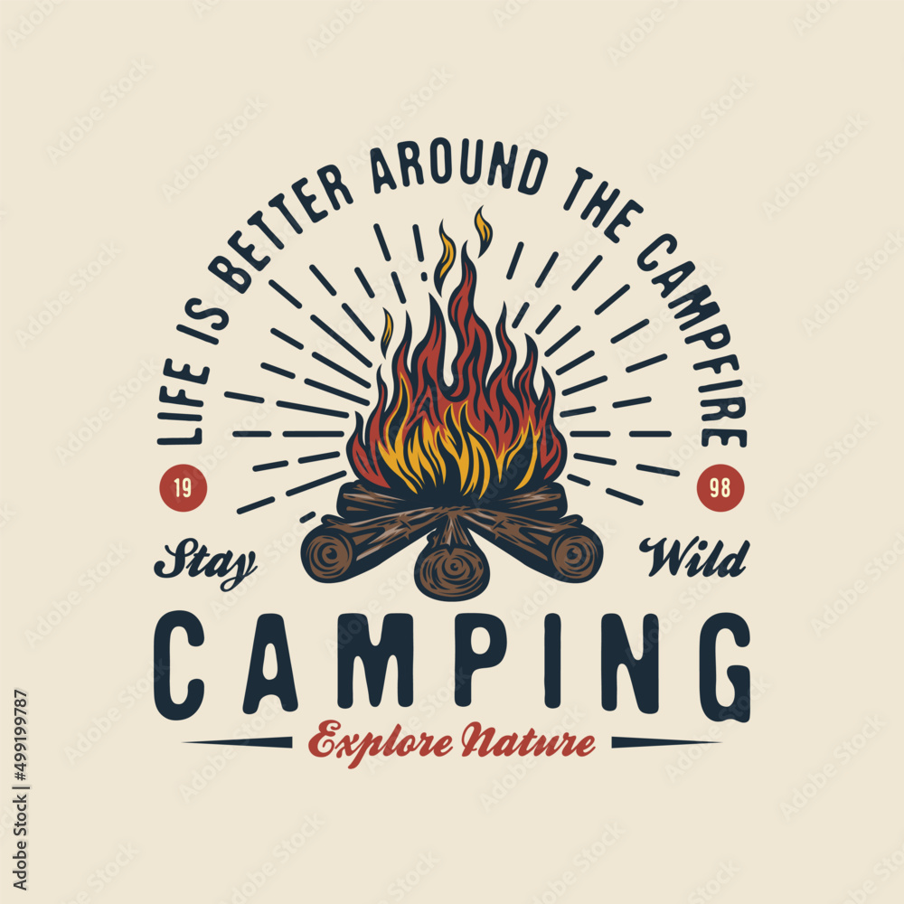 Vintage camping bonfire outdoor camp emblem Stock Vector | Adobe Stock
