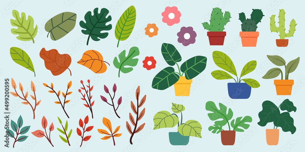 hand drawing cartoon plant, leaves, flower, botanical sticker set Stock ...