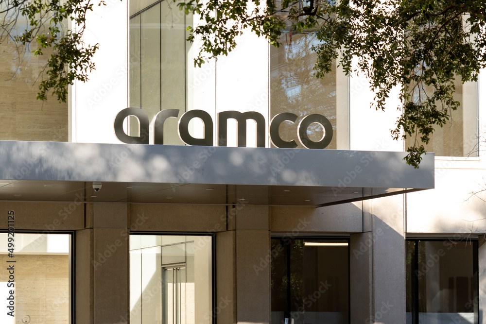 Houston, Texas, USA - February 27, 2022: Aramco sign on the building at ...
