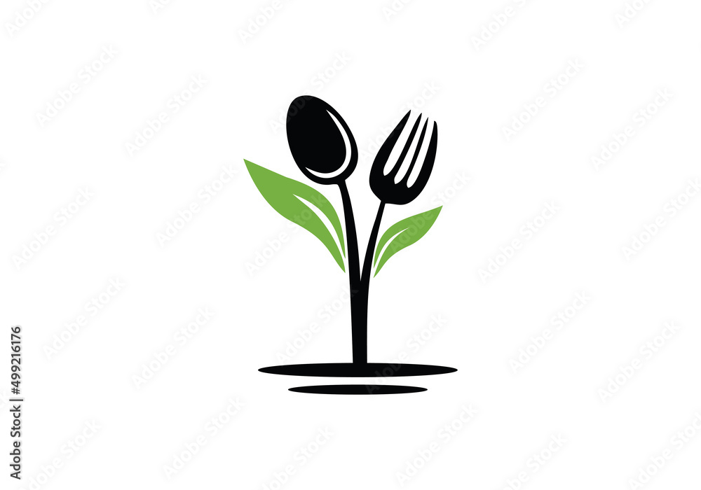 Fork spoon with green leaves Plant Garden Farm logo design for ...