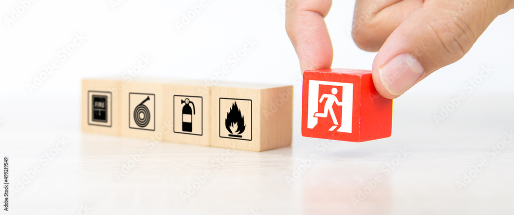Fire prevention, Hand choose cube wooden block stack door exit sing or ...