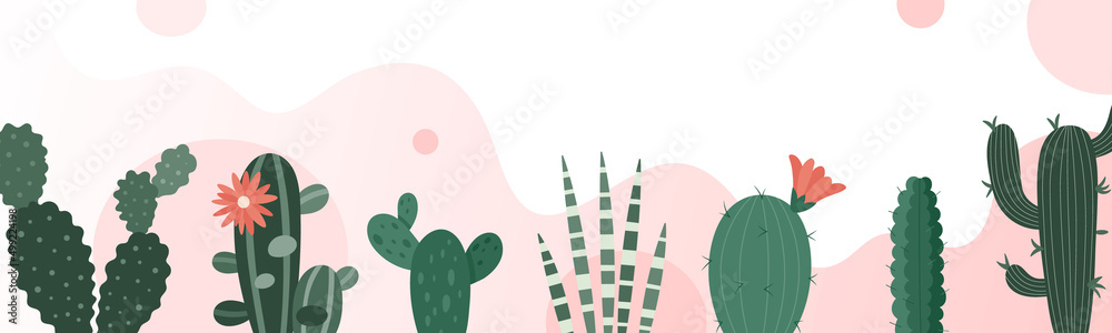 Horizontal white banner with desert cacti background. Abstract shaped, set of cactus and white ...