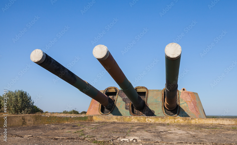 Triple gun of the Armored battery 30. Soviet military unit Stock Photo ...