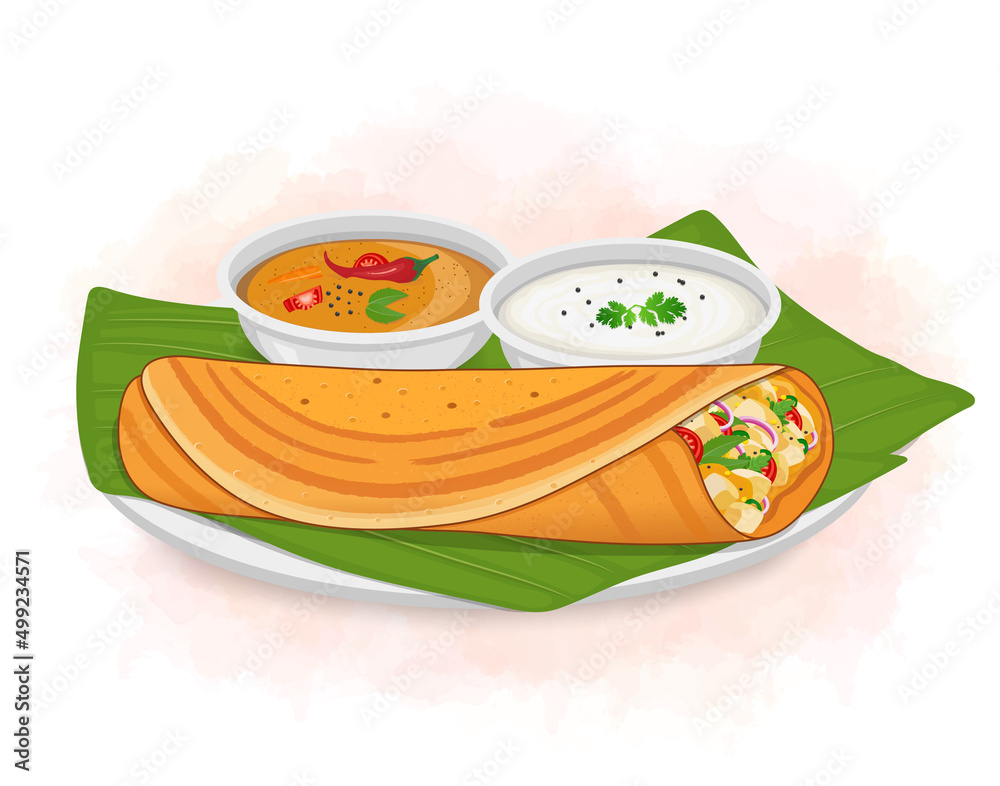 Vector Dosa Illustration with sambar and coconut chutney Stock Vector ...