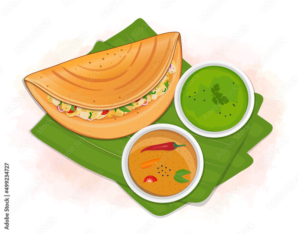 Dosa South Indian Food Vector illustration with Green chutney and ...