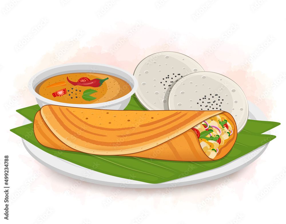 Dosa and Idly vector illustration with Sambhar Stock Vector | Adobe Stock