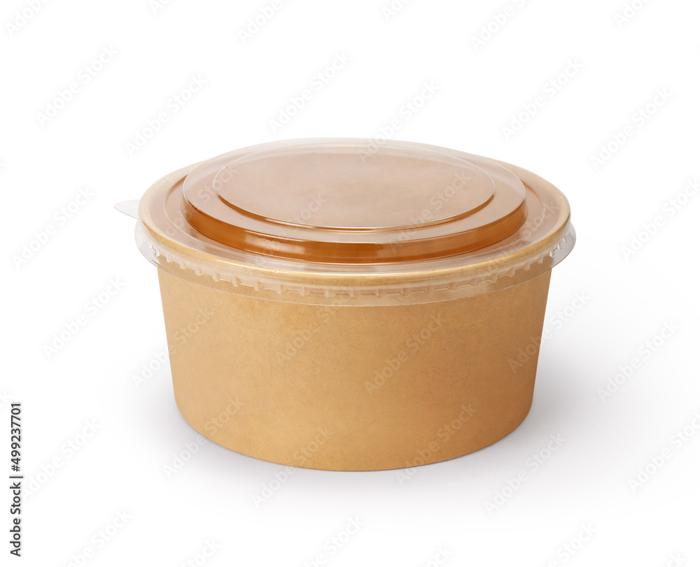 Paper food container with plastic lid isolated on white background ...