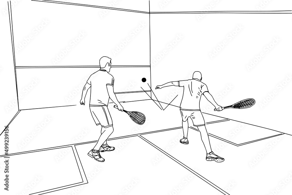 Line art illustration of squash Game player and court, Outline sketch ...