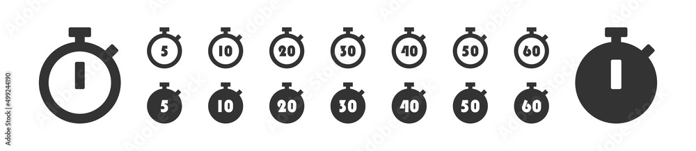 Stopwarch icon set. Clock symbol, timer sign. Countdown illustration in ...