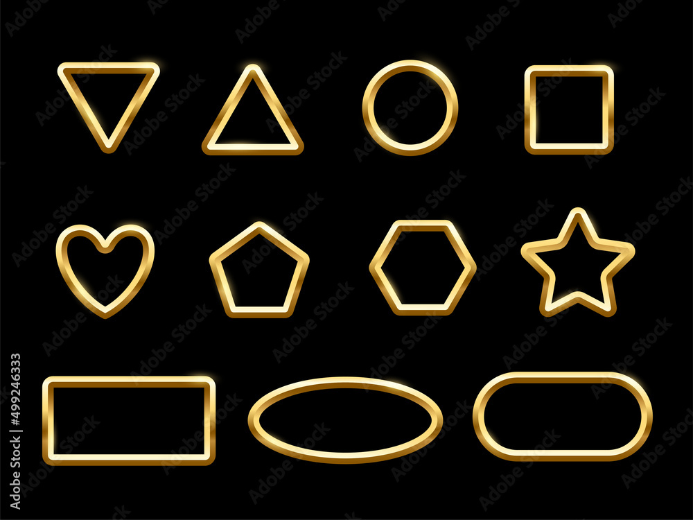 Gold frames of different geometric shapes, 3d realistic shiny golden ...