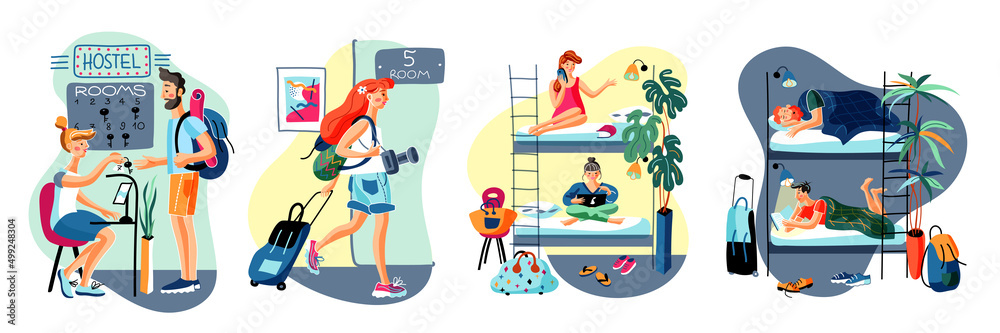 Room booking flat vector illustrations set. Hostel receptionist and ...
