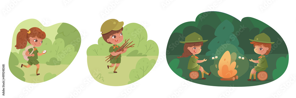 Girl and boy scouts vector illustration. Classmates cartoon characters ...
